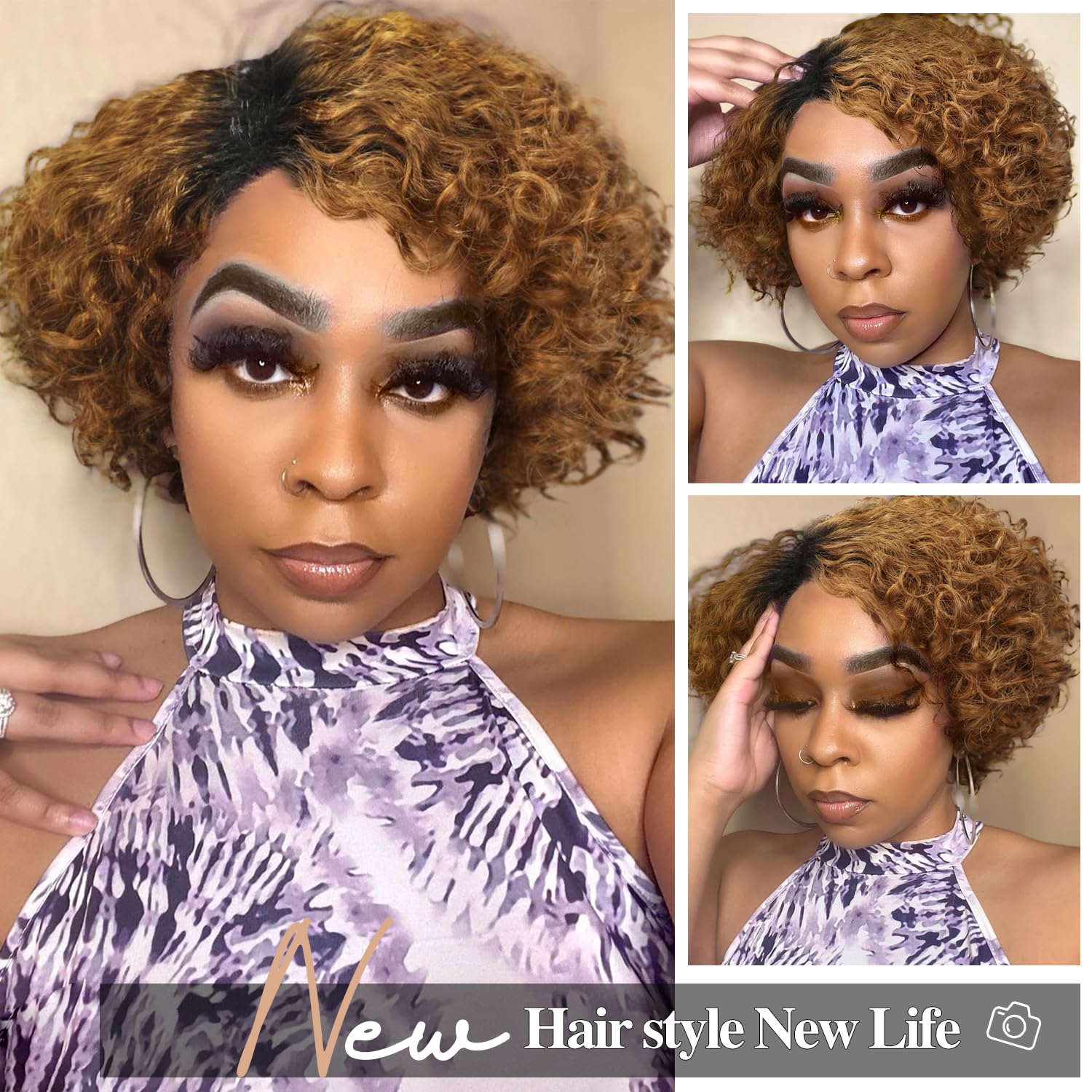 Quantum Love Human Hair Wigs Curly Wave Side Part Wig Short Bob Pixie Cut Brazilian Remy Human Hair Deep Curly None Lace Front Wigs for Women Ombre Black Brown Color