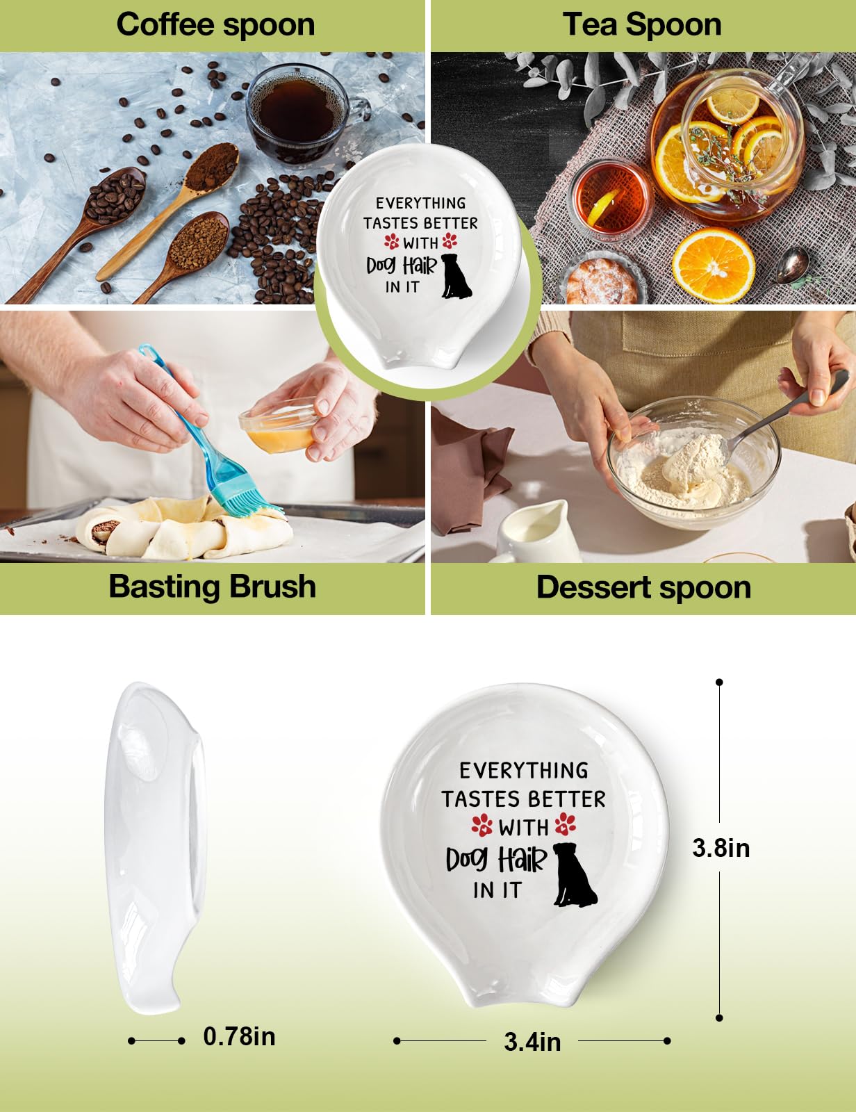 WHING Funny White Ceramic Coffee Tea Spoon Rest, Everything Tastes Better With Dog Hair in it - Coffee Station Decor Coffee Holder Accessories Gift for Coffee Lovers Friends