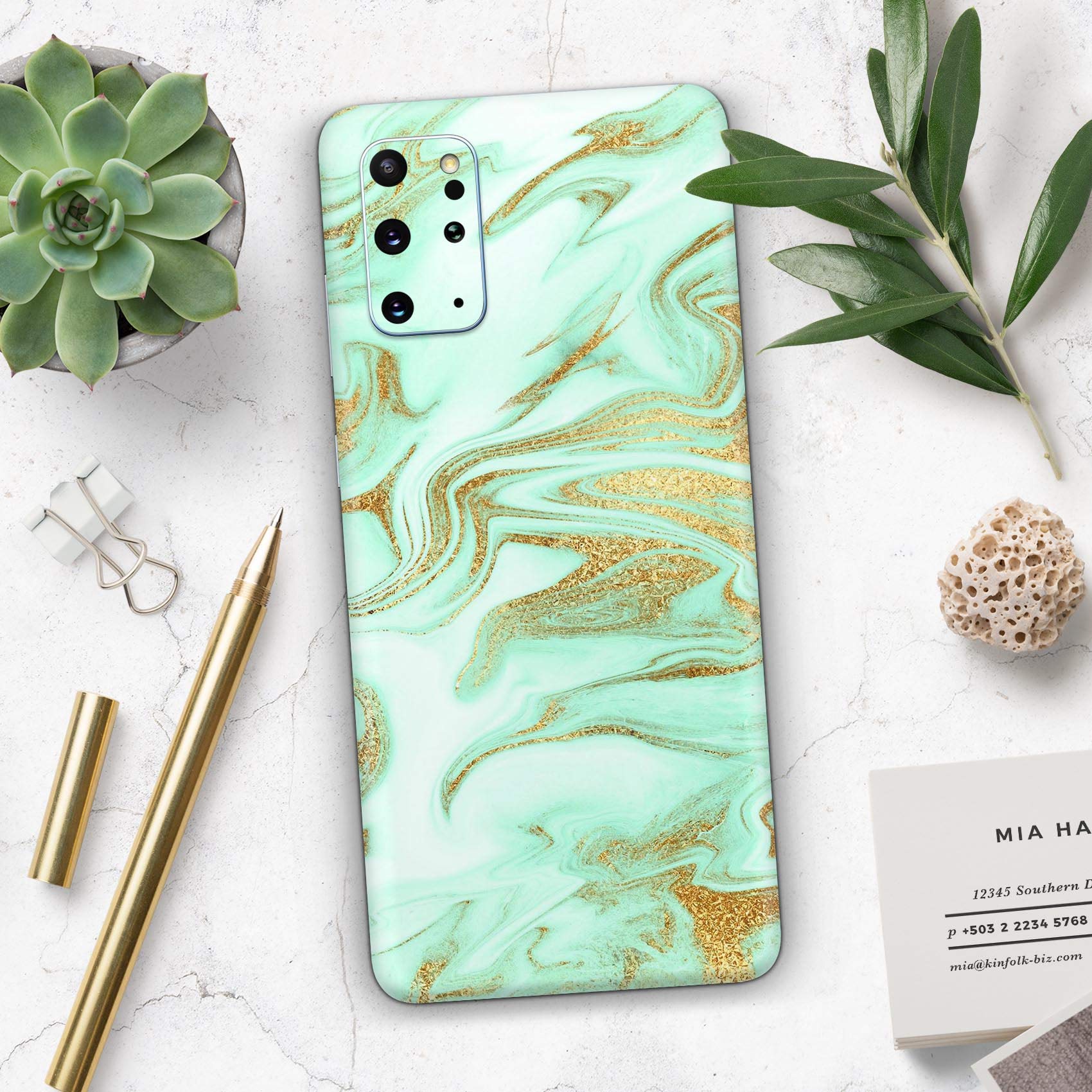 DesignSkinz Mint Marble & Digital Gold Foil V4 Protective Vinyl Decal Wrap Skin Cover Compatible with The Samsung Galaxy S20 (Screen Trim & Back Glass Skin)