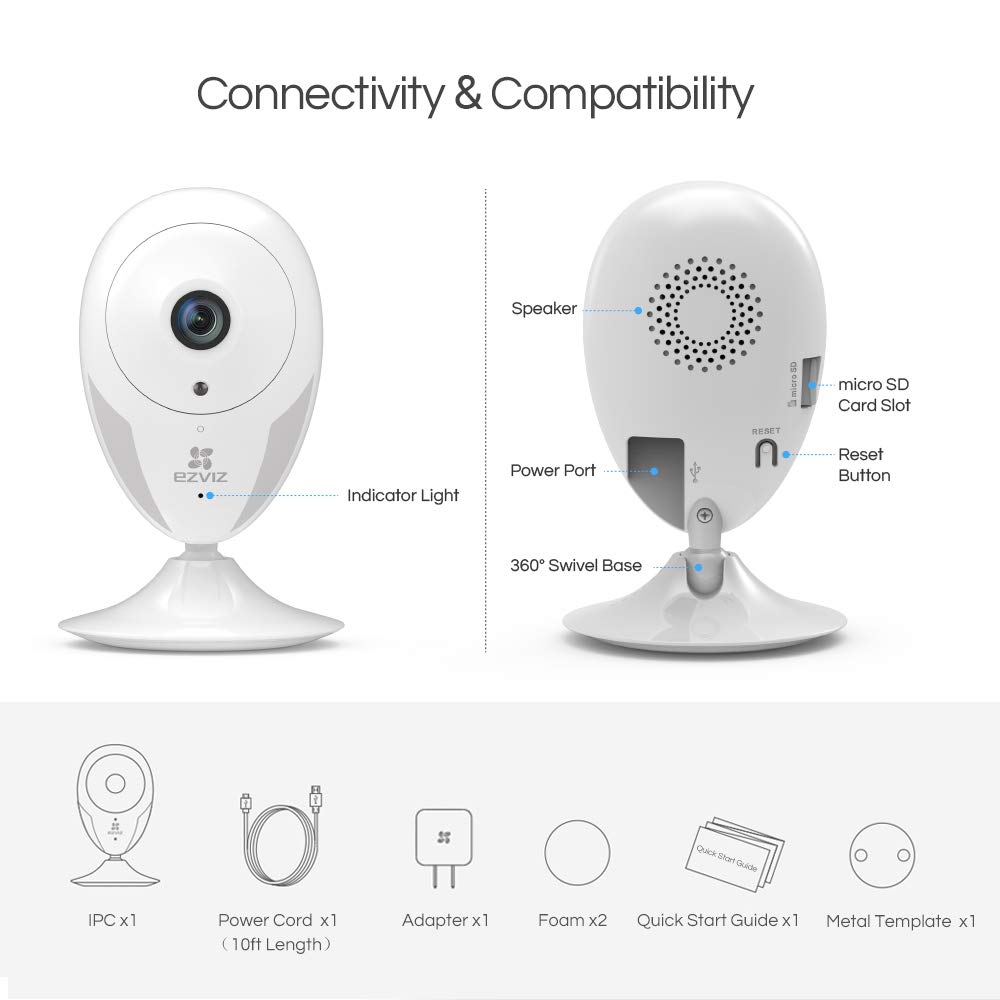 EZVIZ Indoor Wi-Fi Security Camera, Motion Detection Alert, Baby/Pet Monitoring, 111° Wide Angle, Two-Way Audio, Works with Alexa Google Home, 25ft Night Vision (CTQ2C-2 Pack WH)