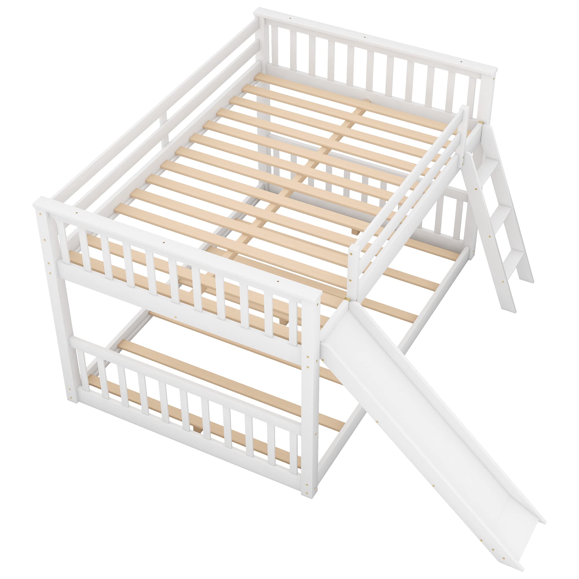 Harper & Bright Designs Kids Floor Bunk Beds, Full Over Full Bunk Bed with Convertible Slide and Ladder, Wooden Low Bunk Bed Frame for Kids, Toddlers, Teens, No Box Spring Needed (Full, White)