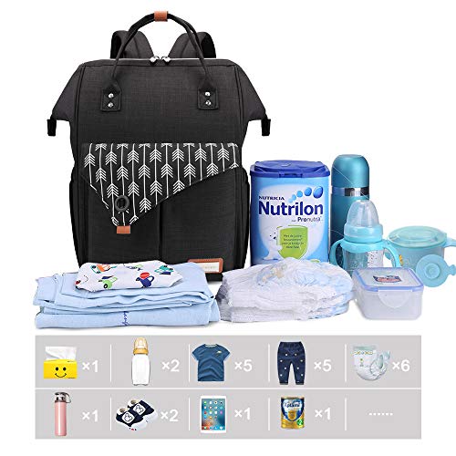 Lekebaby Diaper Bag Backpack, Large Capacity Diaper Backpack with Changing Pad for Mom and Baby, Arrow Print, Black