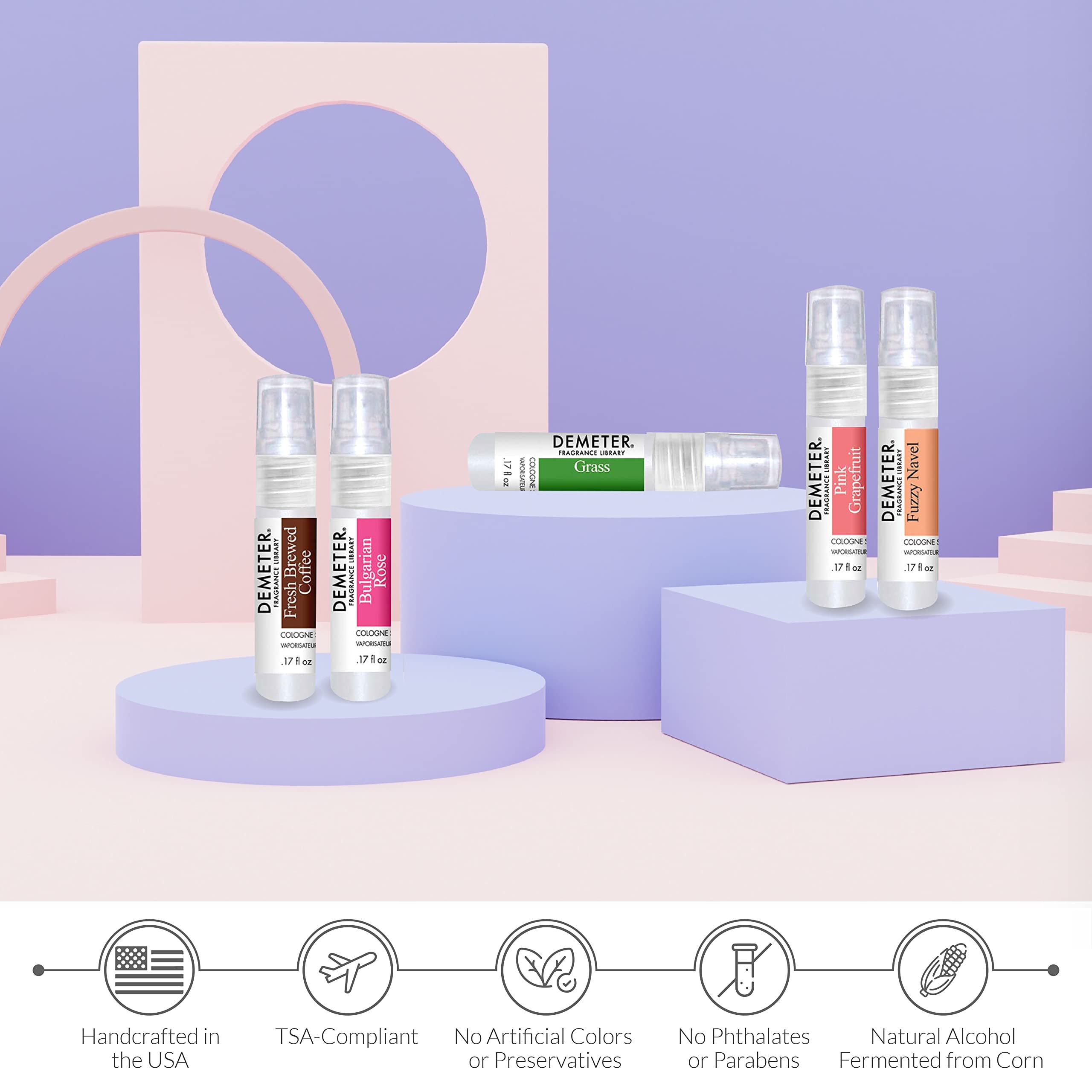 DEMETER Happy Foolproof Blending Set, Pink Grapefruit, Fuzzy Navel, Grass, Vanilla Cake Batter, Fresh Brewed Coffee, Bulgarian Rose, Apple Blossom, Pixie Dust, Set of 8 Perfumes