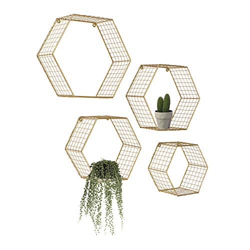 kimisty Set of 4 Gold Hexagon Wall Shelves, Floating Honeycomb Wire Wall Mounted Shelf, Geometric Octagon Mesh Shelves, Boho Deep Gold Metal Shelving
