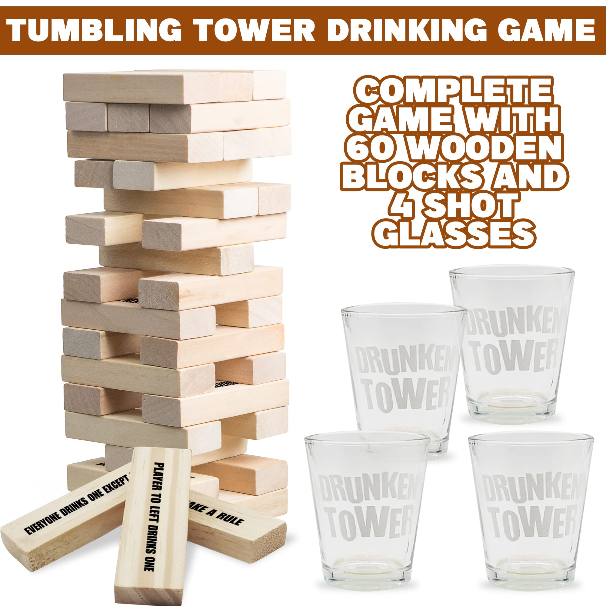 ArtCreativity Tumbling Tower Drinking Game, Drinking Game with 4 Glasses and 60 Wooden Blocks with Challenges, Fun House Party Games for Game Night, Great Gift Idea