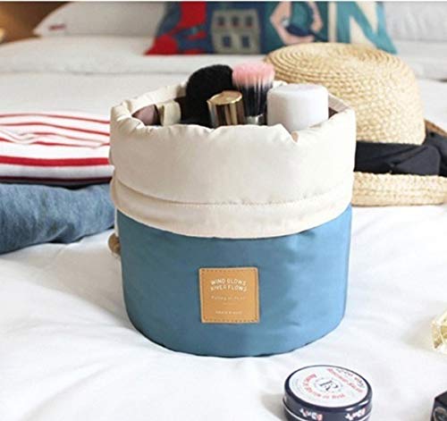 EUOW Travel Cosmetic Bags Barrel Makeup Bag,Women Portable Foldable Cases, Multifunctional Toiletry Bucket Bags Round Organizer Storage Pocket Soft Collapsible(Deepblue)