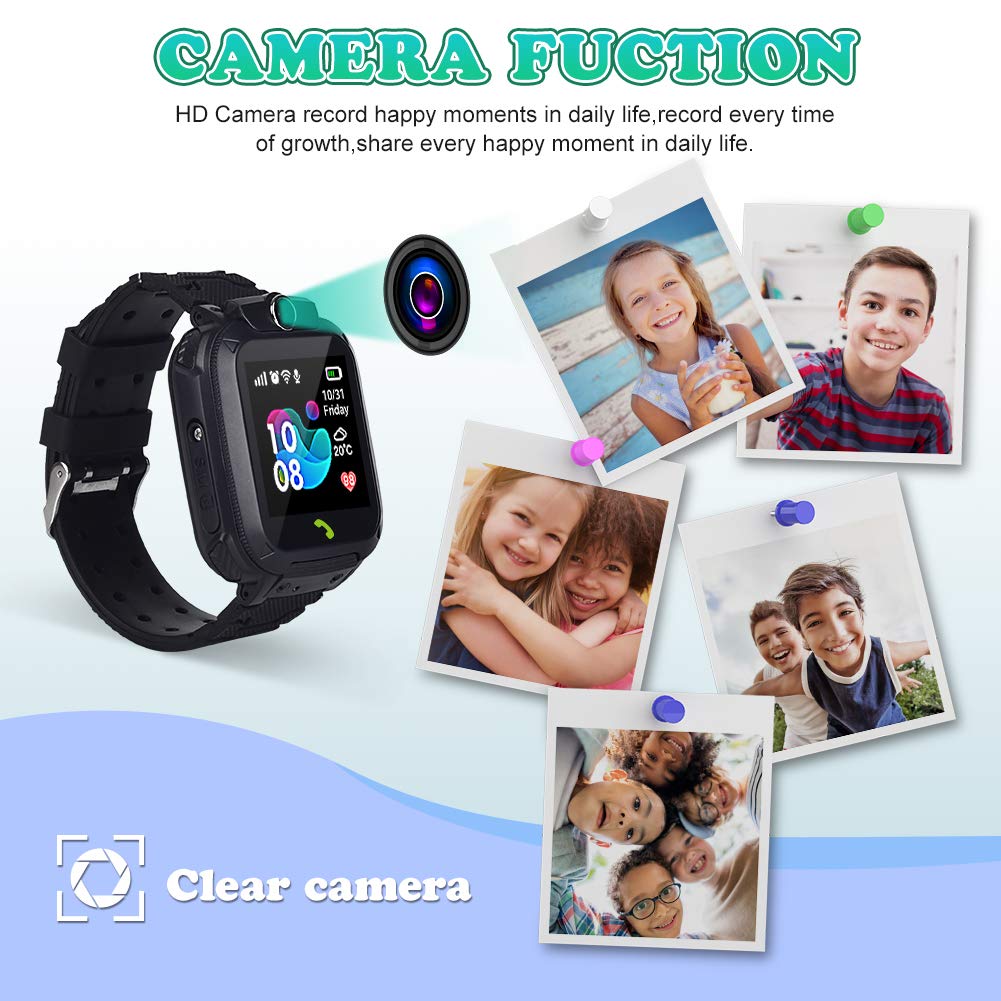 Kids Smart Watch, IP67 Waterproof LBS Positioning Watch HD Touch Screen, with SOS Two-Way Call Clock Camera SIM Card Slot Compatible with iOS and Android(Black)