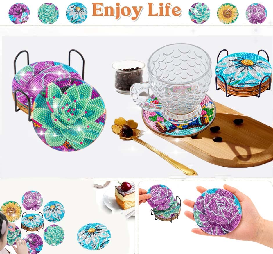 DOTZSO Diamond Art Painting Coasters,Diamond Dot Art DIY Coasters Art and Crafts for Adults Diamond Art Coaster Sets for Beginners Adults and Kids Art Craft Supplies(Flower)