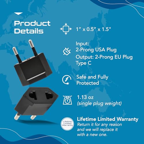 Ceptics USA, Canada to European Plug Adapter - Type C Adapter compatible in Europe, Canada to European travel plug adapter Ideal for Phones, Camera & More - CE Certified - RoHS Compliant - 12 Pack