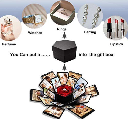 Wanateber Explosion Box, DIY Explosion Gift Box with 6 Faces, Main Part Assembled Handmade Photo Box for Birthday Gift, Anniversary, Valentine's Day, Wedding (Black)