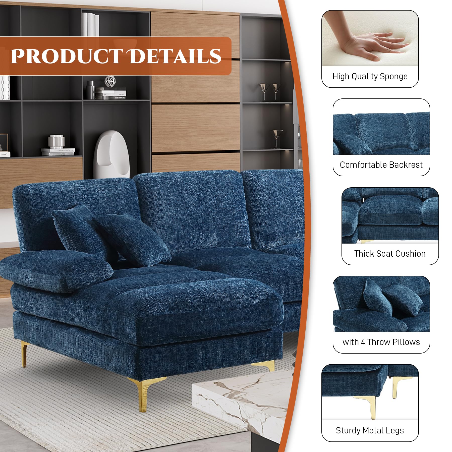 OUYESSIR Chenille U-Shaped Sectional Sofa Couch, 4 Seat Sofa Set for Living Room with 4 Pillows, 114" L-Shaped Chenille Sleeper Couch Set with Double Chaise Lounge (Blue)