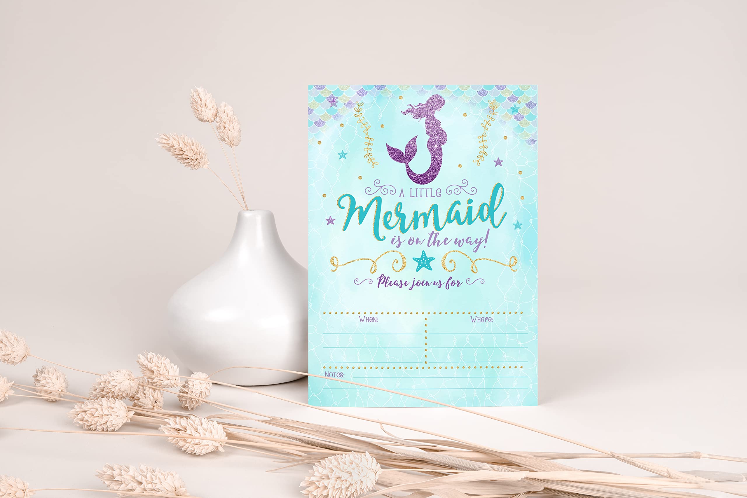 Your Main Event Prints Mermaid Baby Shower Invitation, Blue and Gold Mermaid Baby Shower, Baby Sprinkle Invite, 20 Fill in Invitations and Envelopes