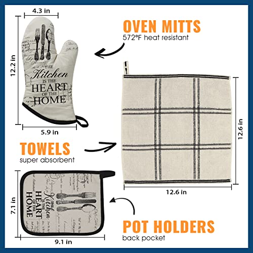 Warome Oven Mitts and Pot Holders Sets, 572°F Heat Resistant Oven Mitts with Soft Cotton Kitchen Towels, Multi-Function Kitchen Potholders with Pockets, Cute Hot Pads and Long Oven Mitts(6pcs)