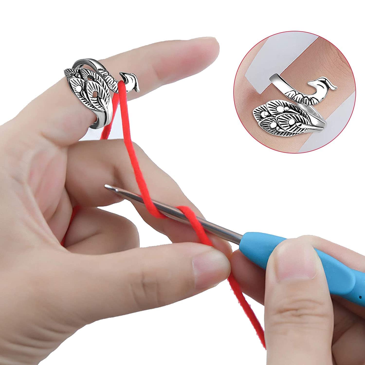 6 Pcs Adjustable Knitting Loop Crochet Loop Knitting Accessories, Hand-Made Silver-Plated Copper Rings, Faster Crocheting, Advanced Peacock Ring, Yarn Guide Finger Holder Knitting Thimble