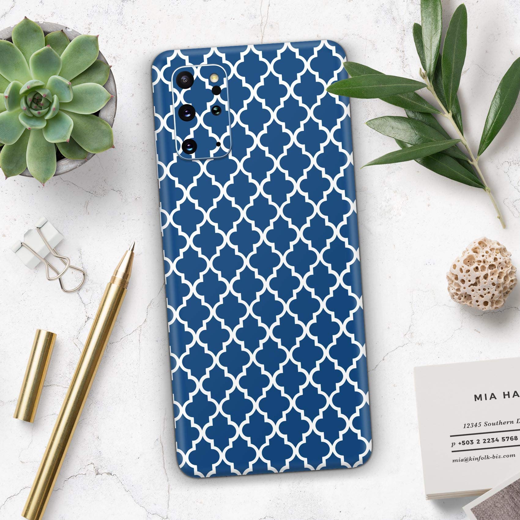 DesignSkinz Navy & White Seamless Morocan Pattern Protective Vinyl Decal Wrap Skin Cover Compatible with The Samsung Galaxy S20 (Screen Trim & Back Glass Skin)