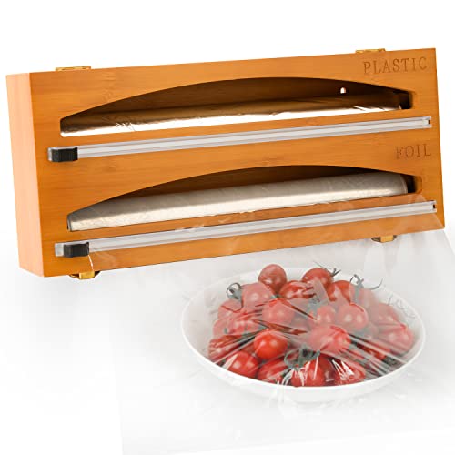 Besititli Foil and Plastic Wrap Organizer with Cutter, 2 in 1 Wrap Dispenser, Bamboo Foil Organizer for Drawer, Aluminum Foil Dispenser, Plastic Wrap Dispenser for Kitchen Organization and Storage