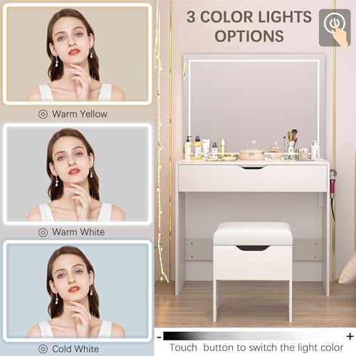 VECELO Vanity Desk Set with LED Lighted Mirror & Power Outlet, Makeup Table with Large Drawer, Storage Stool and Hair Dryer Stand, for Bedroom, White