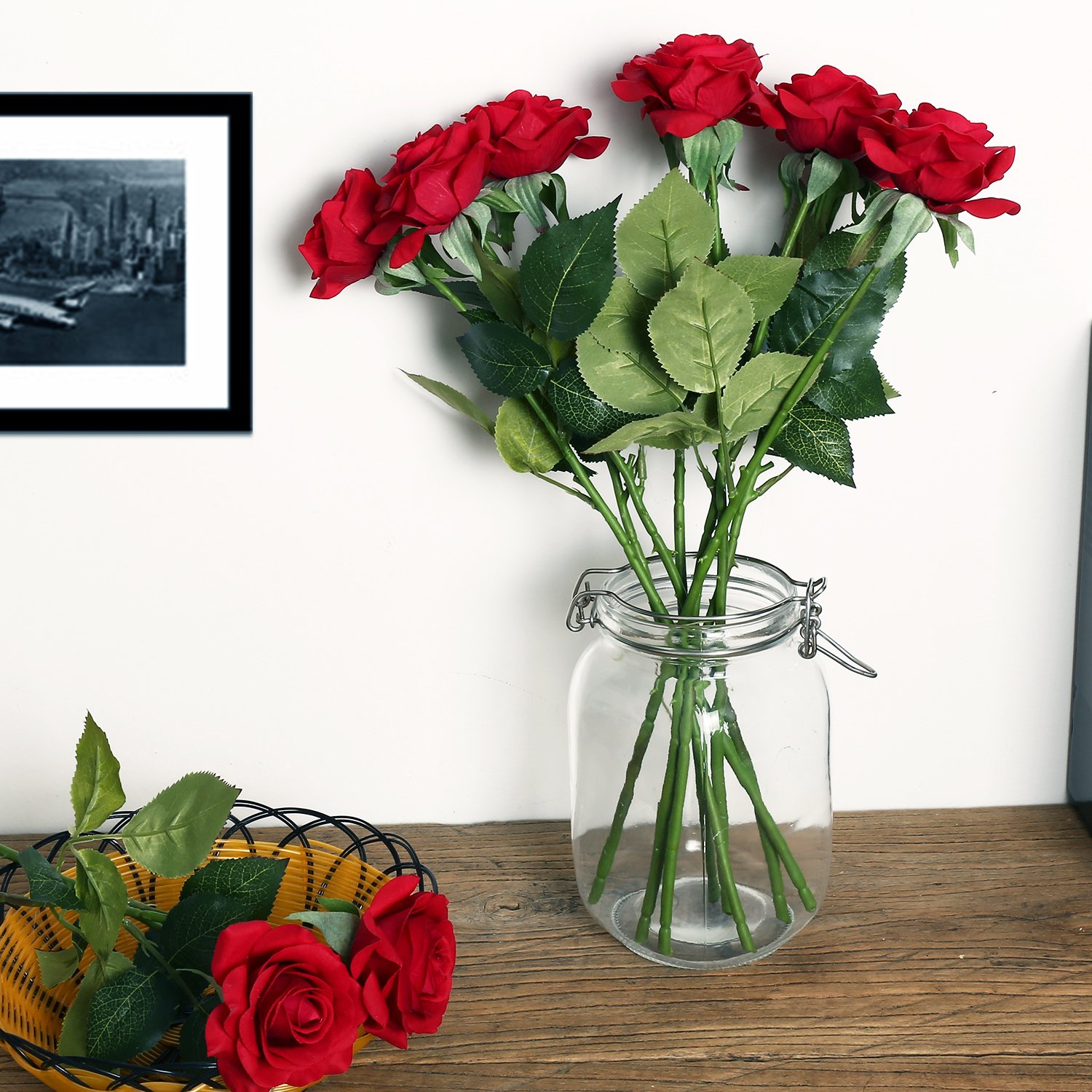 Artificial Roses Fake Silk Flowers Real Touch Long Stem for Wedding Party Home Office Outdoor Craft Decoration, Pack of 10 (Red)