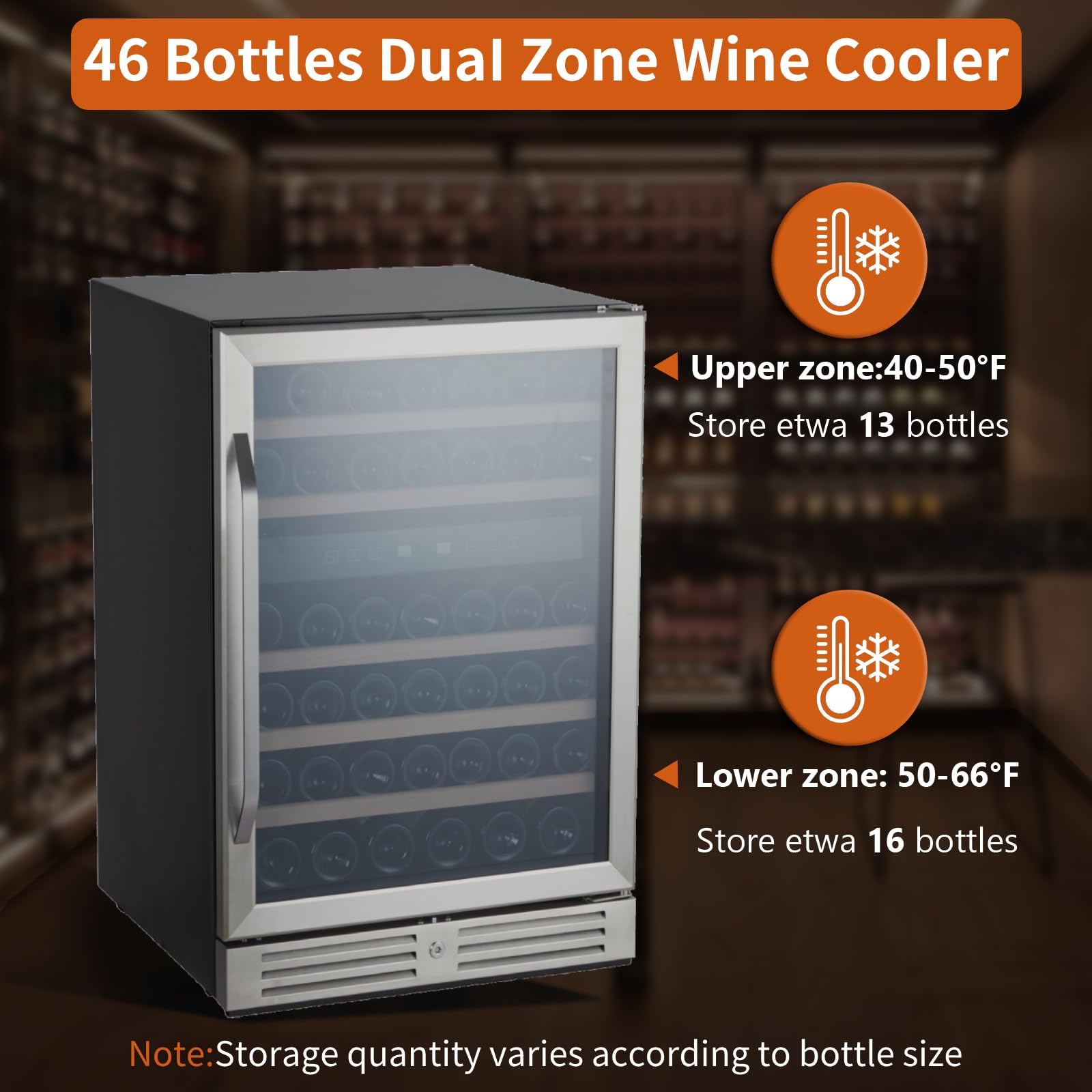 Towallmark 24 Inch Wine Cooler Refrigerator-46 Bottle, Dual Zone Seamless Stainless Steel Built-in Freestanding Wine Fridge, Double-Layer Tempered Glass Door with Lock, Under Counter Wine Cellar