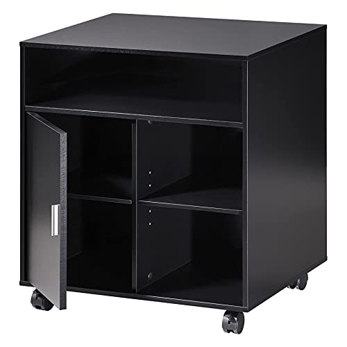 FITUEYES Printer Stand with Storage Adjustable Shelves, Wood Mobile Cart with Door, Rolling File Cabinet on Wheels for Home Office, Black, PS406001WB