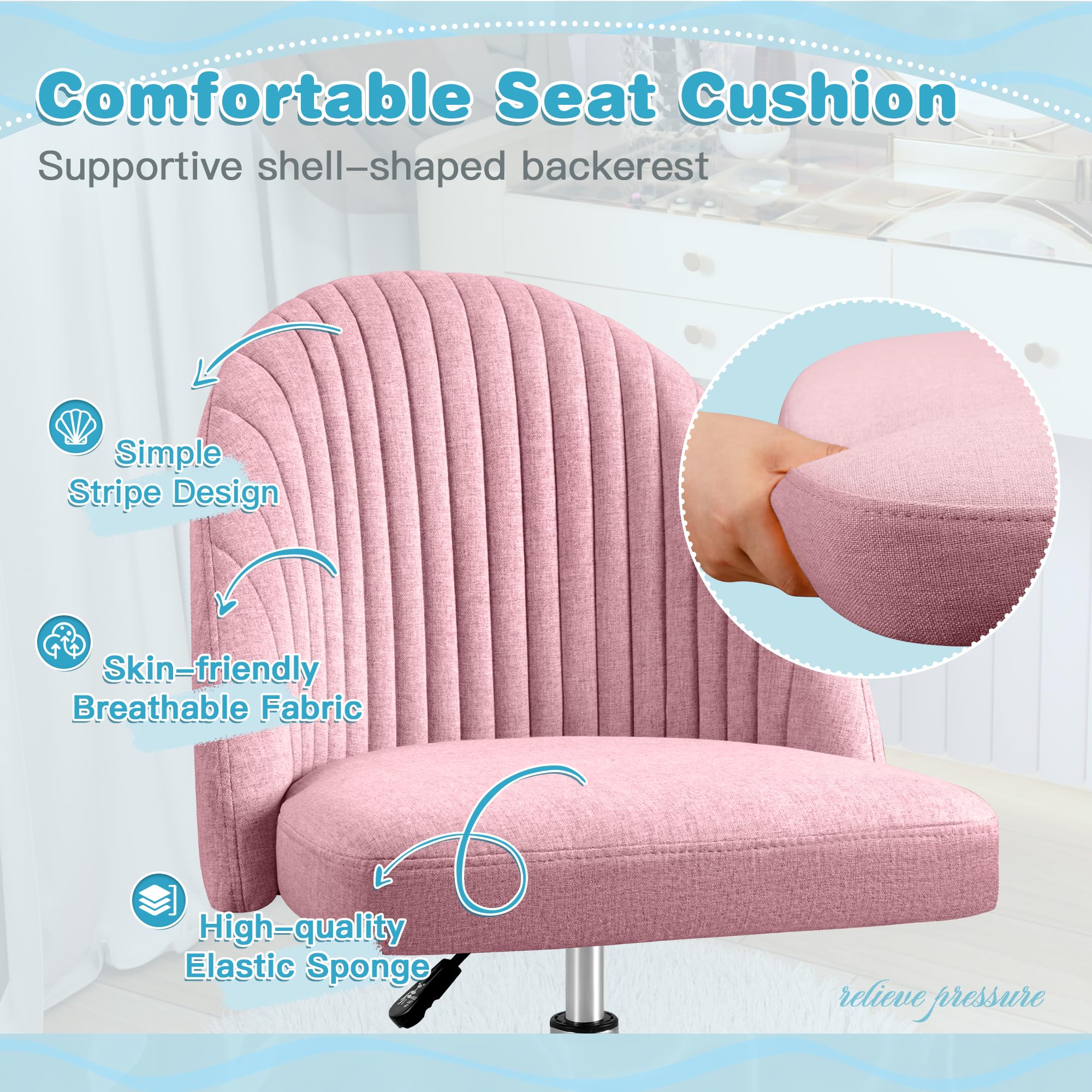 Furniwell Office Chair Armless Cute Desk Chair Modern Adjustable Swivel Padded Fabric Vanity Task Computer Chair Home Office Desk Chairs with Wheels (Pink)