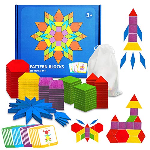 Wooden Pattern Blocks Set for Classroom 155 Pcs Tangram Blocks for Kids Geometric Shape Puzzle Kindergarten Classic Educational Montessori Best STEM Fat Brain Toys Ages 4-8 with 24 Pcs Design Cards