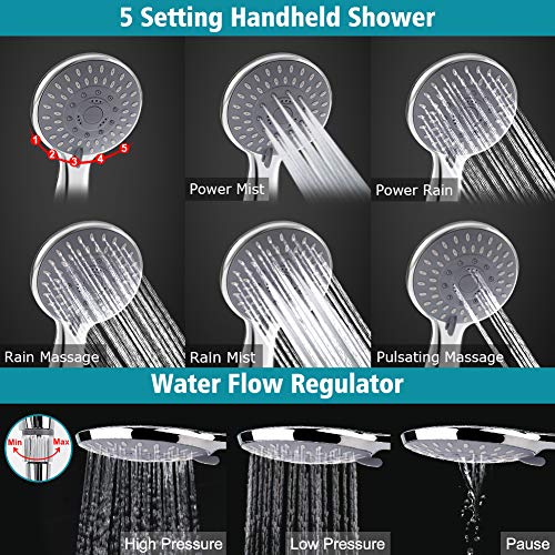 8'' High Pressure Rainfall Shower Head/Handheld Shower Combo with 11'' Extension Arm, Height/Angle Adjustable, Stainless Steel Bath Shower Head with Holder, 1.5M Hose, Chrome, 4 Hooks
