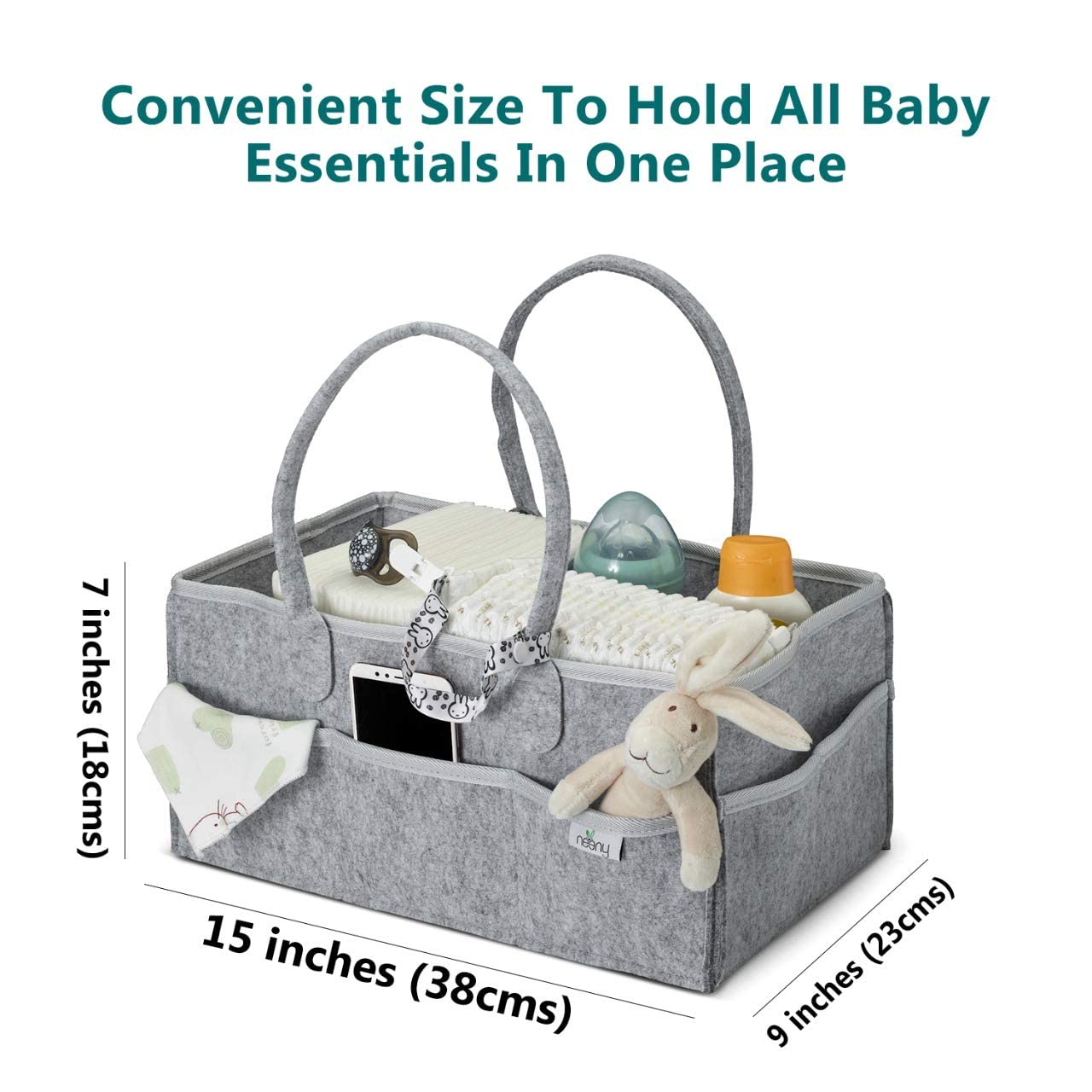 NEENY Baby Diaper Caddy Organizer β Portable Changing Table Storage Basket β Soft Felt Grey Nappy Bag Adjustable Compartments β Wipes Bottle Nursing Home & Car Travel β FREE Cotton Bib & Pacifier Clip