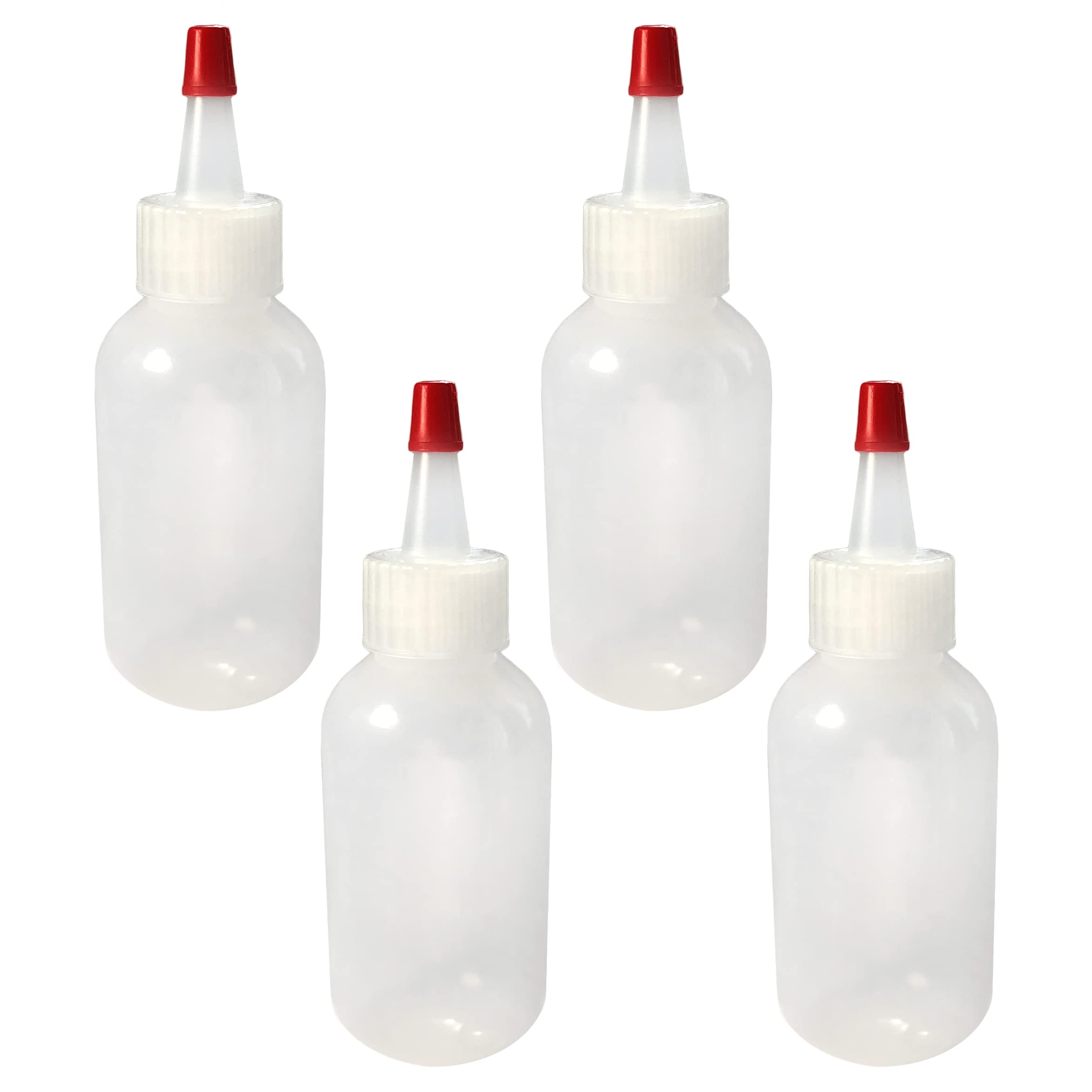510 Central Yorker Squeeze Bottles (2oz, 4 Pack) Boston Round with Red Tip Caps - LDPE Plastic - Made in USA