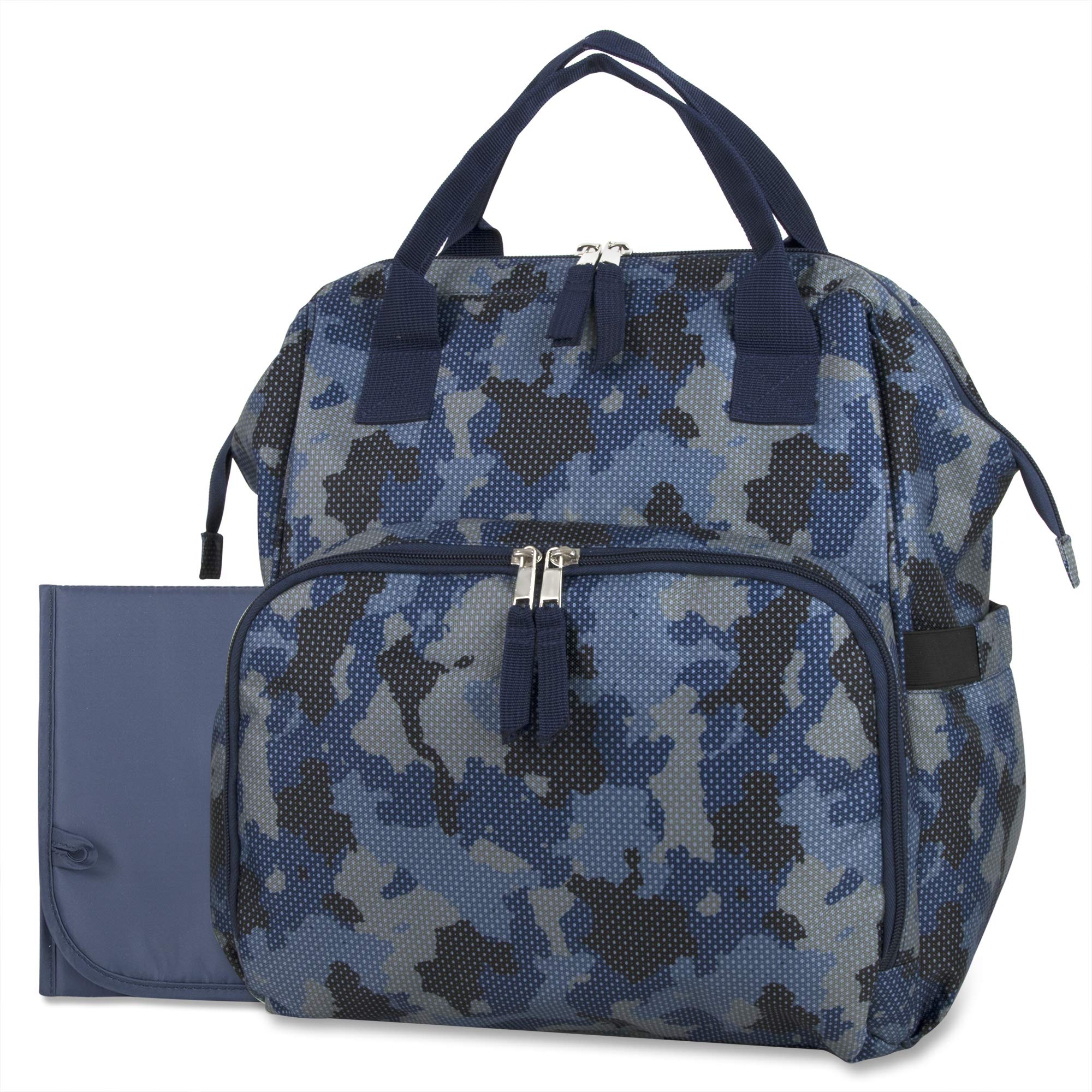 Wide Open Frame Diaper Bag Backpack and Nappy Travel Bag Tote with Changing Pad, Stroller Straps (Blue Camo)