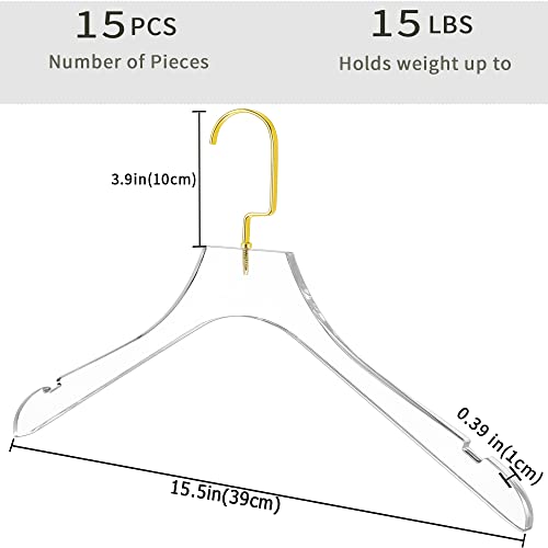 Besser Acrylic Clear Hangers 15 Pack Gold Acrylic Hangers Premium Quality Crystal Clear Hangers with Gold Hooks Luxury Dress Suit Hangers(Flat Hook)