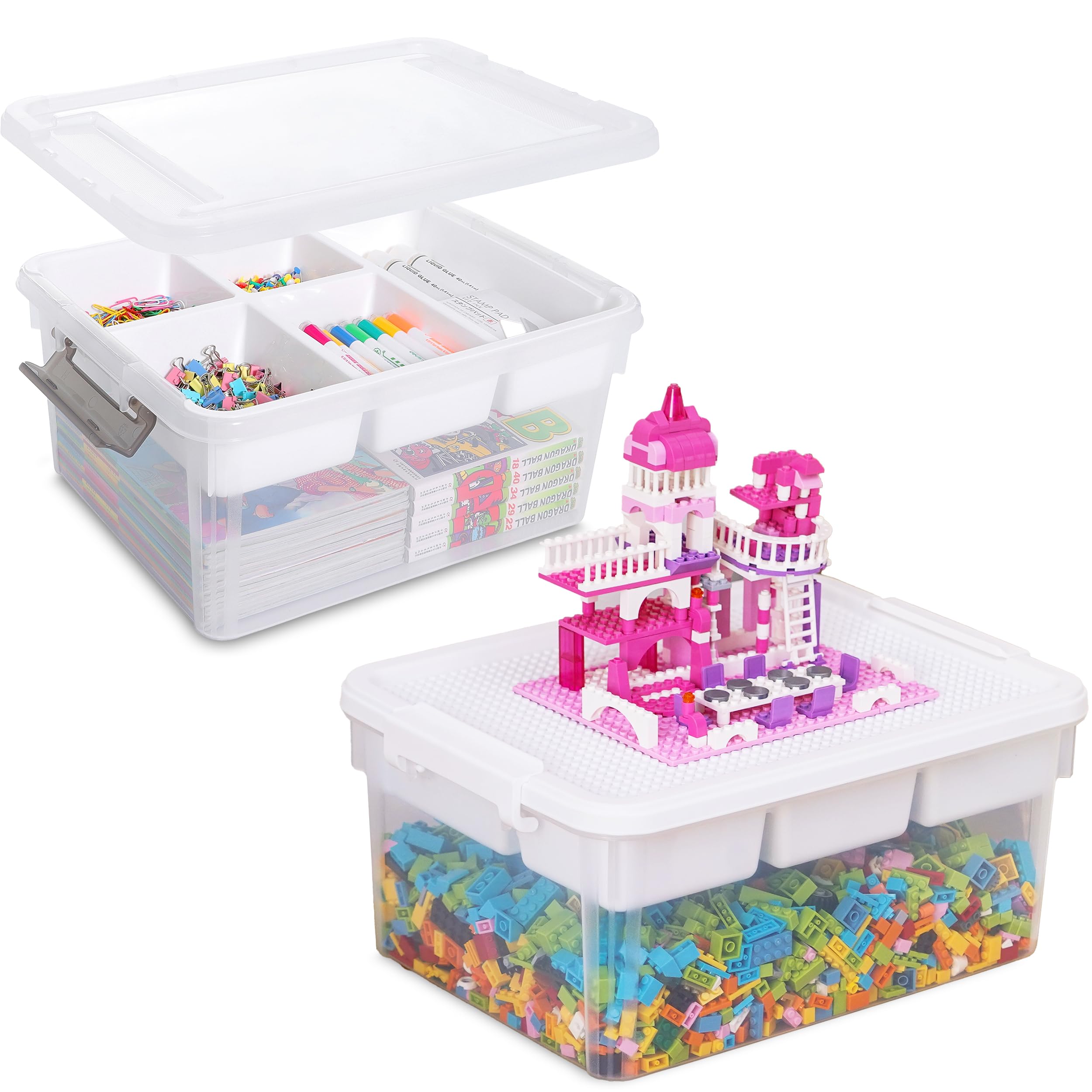 Citylife 17 QT Plastic Storage Box with Building Baseplate Lid and Removable Tray Craft Organizers and Storage Clear Storage Container for Organizing Lego, Bead, Tool, 2 Packs