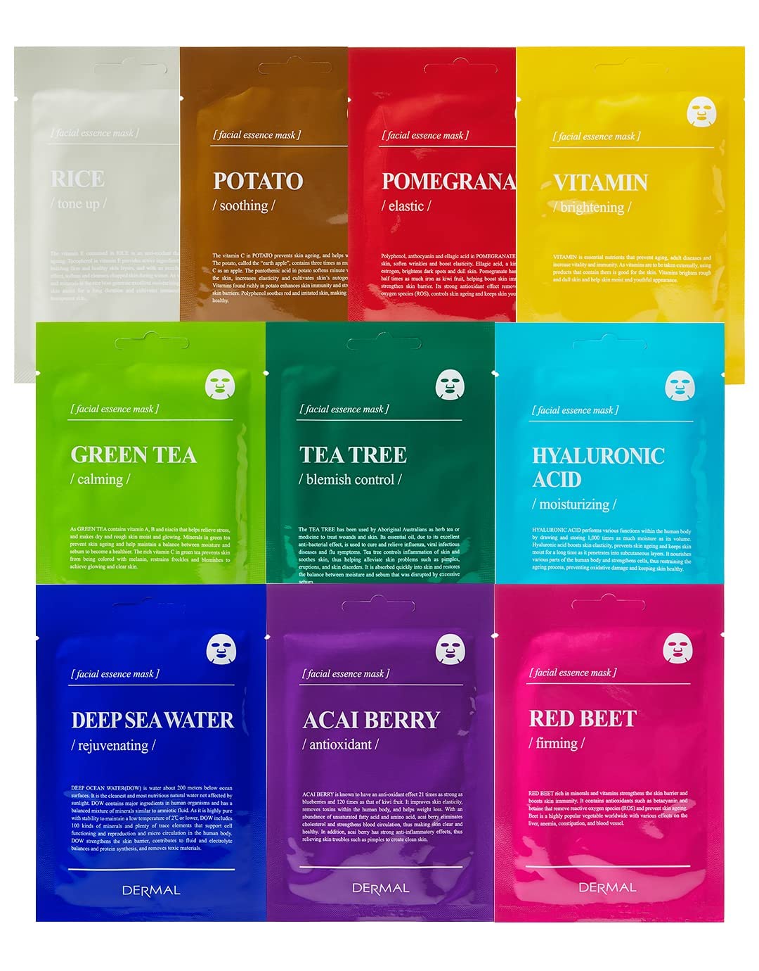 DERMAL Hydrating Facial Mask Pack of 10 – Moisturizing Korean Essence Sheet Masks 0.85 fl. oz. (25g) for Skin Care – Clearing Cleanse Complexion for All Skin Types