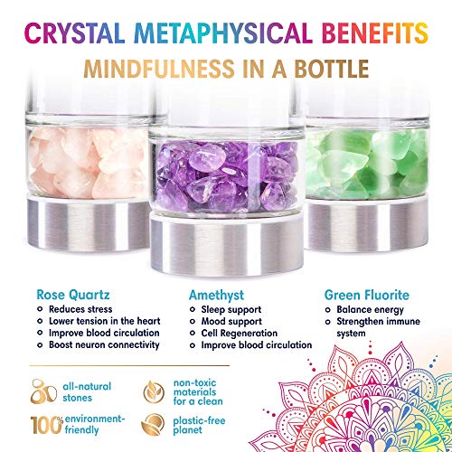 OSANA Crystal Water Bottle with 3 Changeable Healing Crystals β Amethyst, Rose Quartz, Green Fluorite β Loose Leaf Tea Bottle β Gem Elixir Infused Glass Water Bottle - 16.9 oz