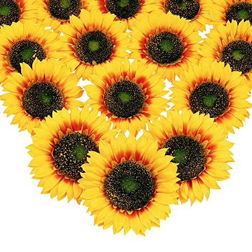 Mocoosy 16 Pcs 5.5 Inch Artificial Silk Sunflower Heads, Large Fake Sunflowers Bulk, Yellow Faux Sunflower Heads Artificial Flowers Decorations for Christmas Tree Home Party Wedding Decor
