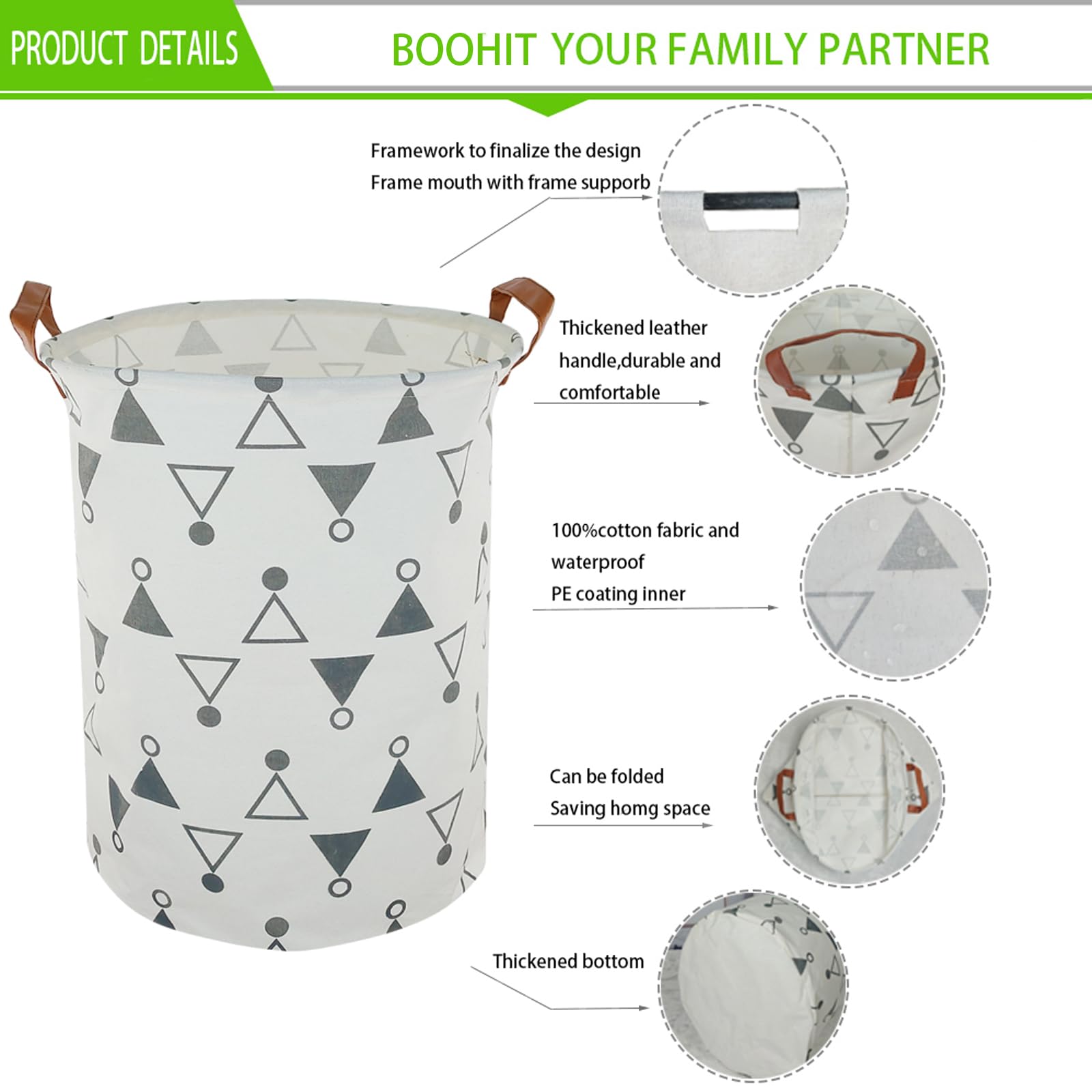 BOOHIT Triangle Kids Tall Fabric Toy Storage Laundry Basket Room Decor Fabric Baby Nursery Cute Hamper Large Collapsible Storage Bin Birthday Halloween Christmas Gift(Grey White Circular Triangle)