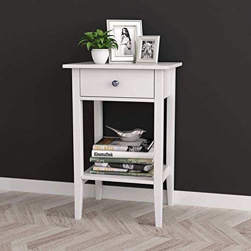 White Finish Nightstand Side End Table with Drawer and Bottom Shelf 28" H by RAAMZO