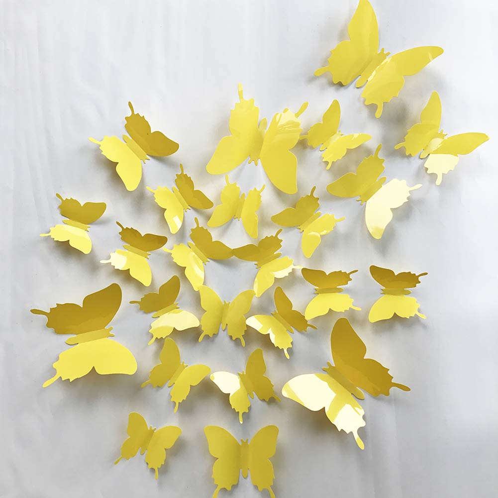 3D Yellow Butterfly Wall Stickers Yellow 24 pcs Removable Mural Stickers Wall Stickers Decal for Home and Room Decoration Kids Room Bedroom Decor Living Room Sticker (Yellow)