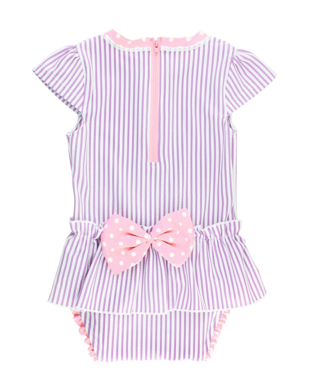 RuffleButts Infant/Toddler Girls Peplum Skirt One Piece Rash Guard Swimsuit - Lilac Seersucker - 12-18m