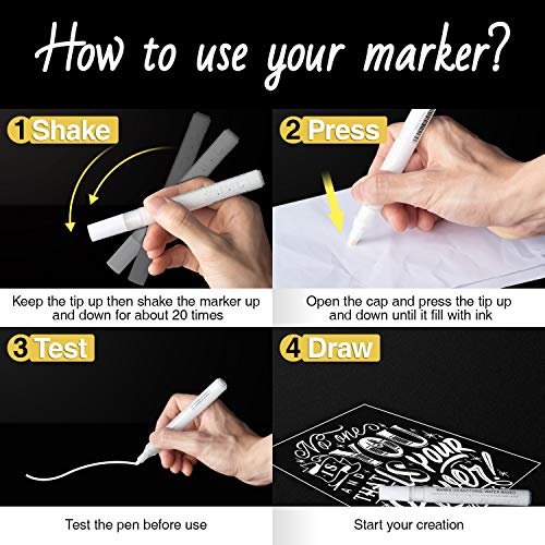 White Paint Pen for Art - 8Pack Acrylic White Paint Marker for Rock Painting, Stone, Wood, Canvas, Glass, Metal, Metallic, Ceramic, Tire, Graffiti, Paper, Drawing, Highlight Water-Based Paint Sets