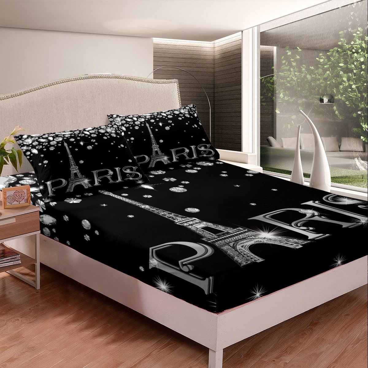 Eiffel Tower Sheet Set Full Size,Romantic Paris Tower Bed Sheets for Teens Adult,Gradient Diamond Bedding Set,Black White Sparkles Sequins Valentines Fitted Sheet + Top Sheet + 2 Pillow Shams
