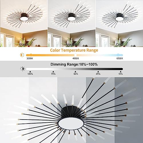 51 Inch Dimmable LED Ceiling Light Fixture,42 Lights Ceiling Lights Flush Mount Chandelier Black Indoor Lighting for Living Room,42W+12W Firework Deco Close to Ceiling Light with Remote Control