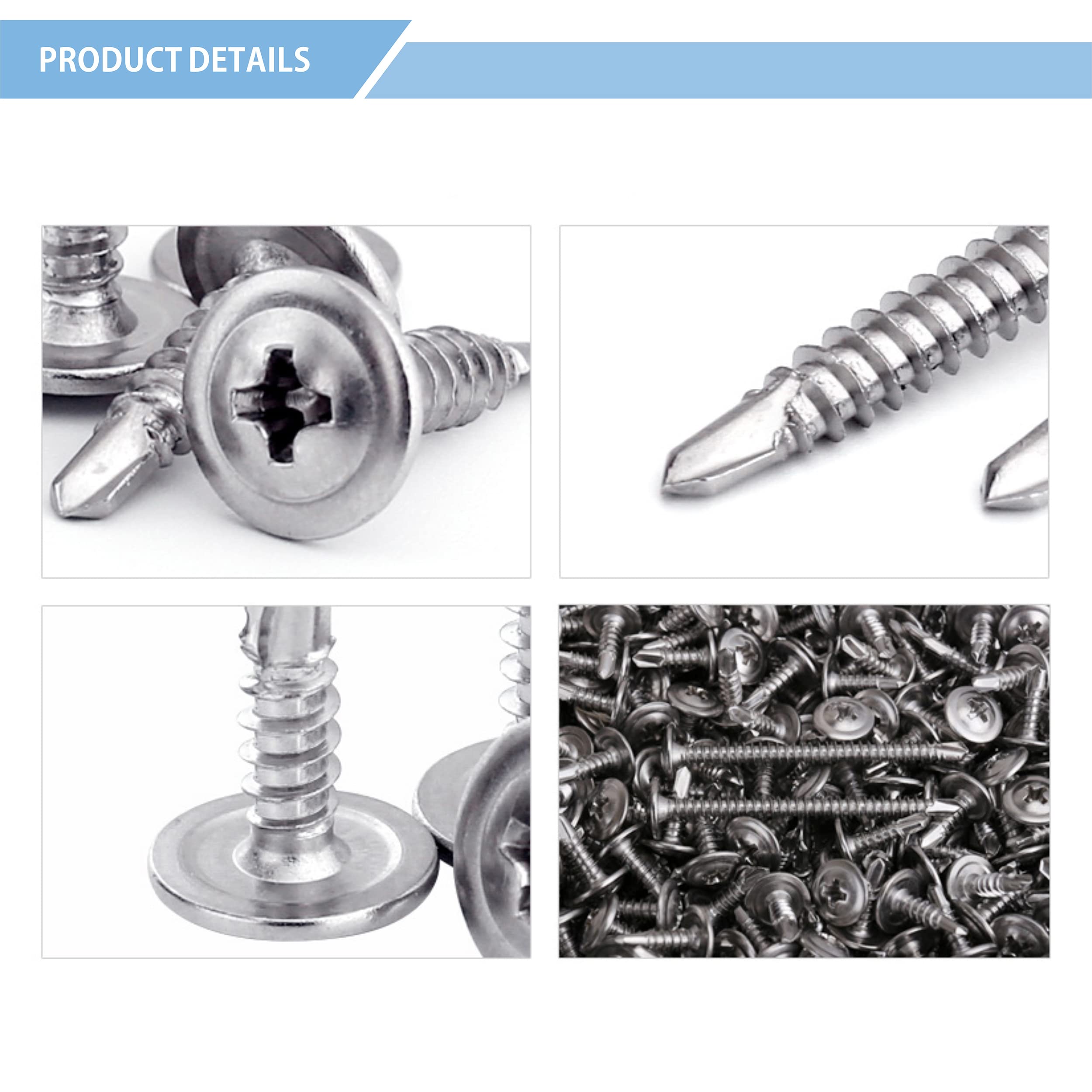 Jetovo 150 Pack 410 Stainless Steel Wafer Head Phillips Self Drilling Screws Sheet Metal Tek Screws Assortment Kit, Modified Truss Head Self Driller - Size: #8 x 1/2" #8 x 3/4" #8 x 1"