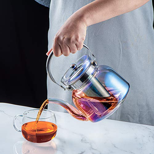 E-liu 50 oz(1500ml) Glass Teapot Kettle with Lid, Removable Stainless Steel Infuser and Handle, Stovetop Safe Tea Maker for Blooming and Loose Leaf Tea(Iridescent)