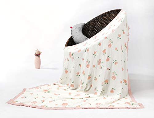 Monfish Muslin Baby Toddler Blanket- Large, Ultra-Soft Pink Rose Blanket for Girls- Baby Everything Blanket-Two Layer Stroller Blanket (Pink Rose)