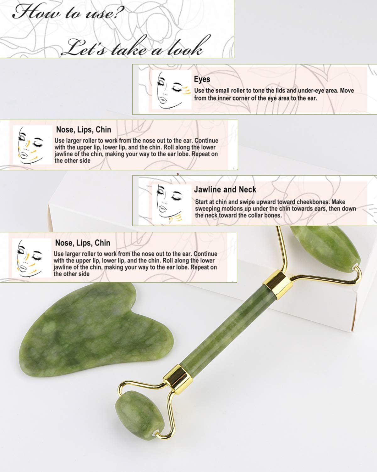 Jade Roller for Face, Jade Roller and Gua Sha Set, EUASOO 100% Real Natural Beauty Jade Facial Roller Massage Tool for Face Eyes Neck Body β Anti Aging Beauty Treatment