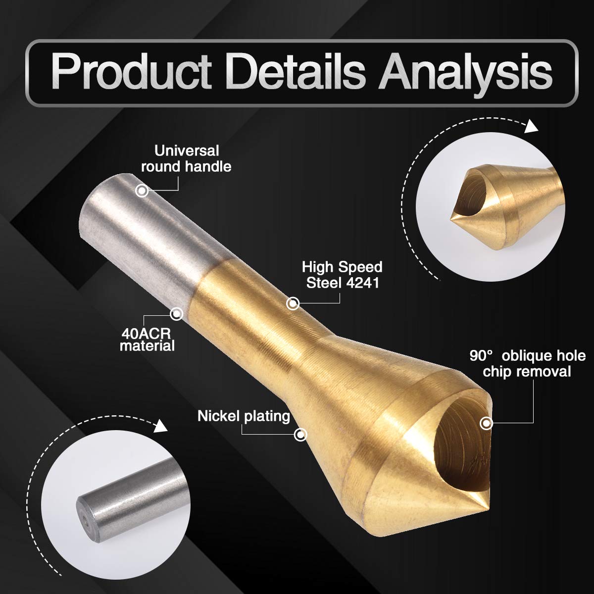 KATUR 4Pcs High Speed Steel Single-End Countersink, Deburring Drill Bit Set for Metal, 90 Degree Point Angle, 6/8/10/12mm Round Shank, 2-5, 5-10, 10-15, 15-20mm 4 Sizes Head Diameter(Gold)