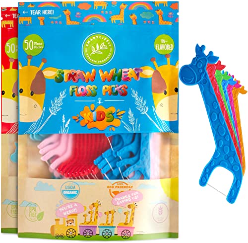Biodegradable Kids Flossers - Unflavored Dental Floss Picks for Children | Fluoride & Plastic Free | Natural Fun Animal Flossing Sticks for Toddlers Teeth | Eco Friendly Organic Compostable, 100 Pack