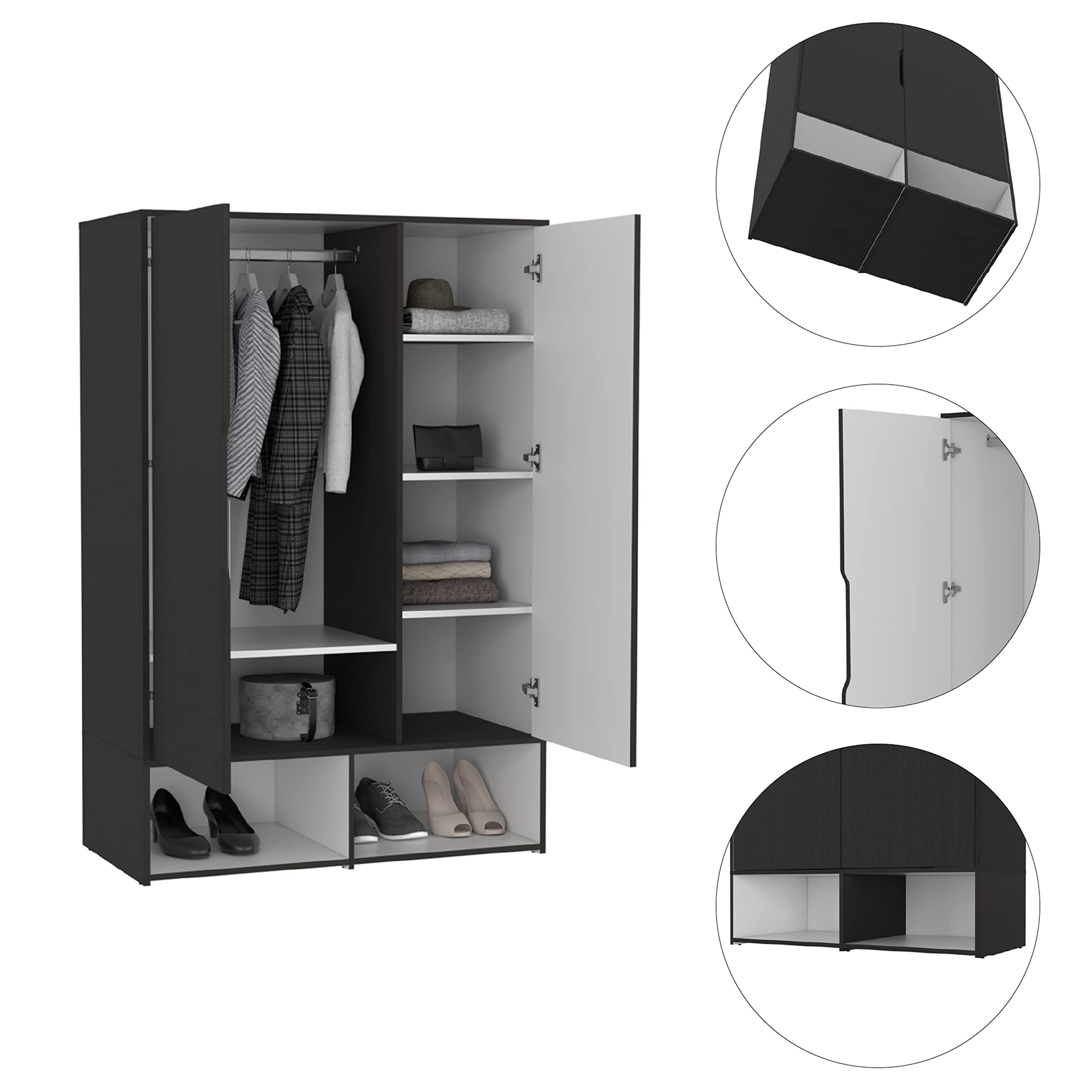 Bamboo Armoire with Double Door Cabinets, 6 Inner Shelves, 2 Open Shelves, and Hanging Rod, Black/White