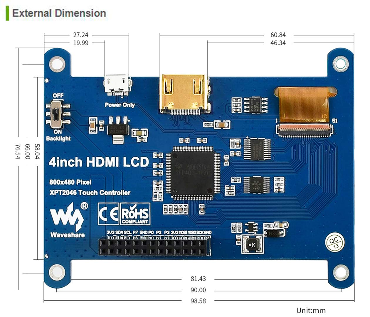 waveshare 4 inch HDMI LCD IPS Display 800x480 Resolution Resistive Touch Screen HDMI Interface for Raspberry Pi 4B/3B+/3B/2B/B+/A+/Zero W,Support Raspbian/Ubuntu/Kali/Retropie
